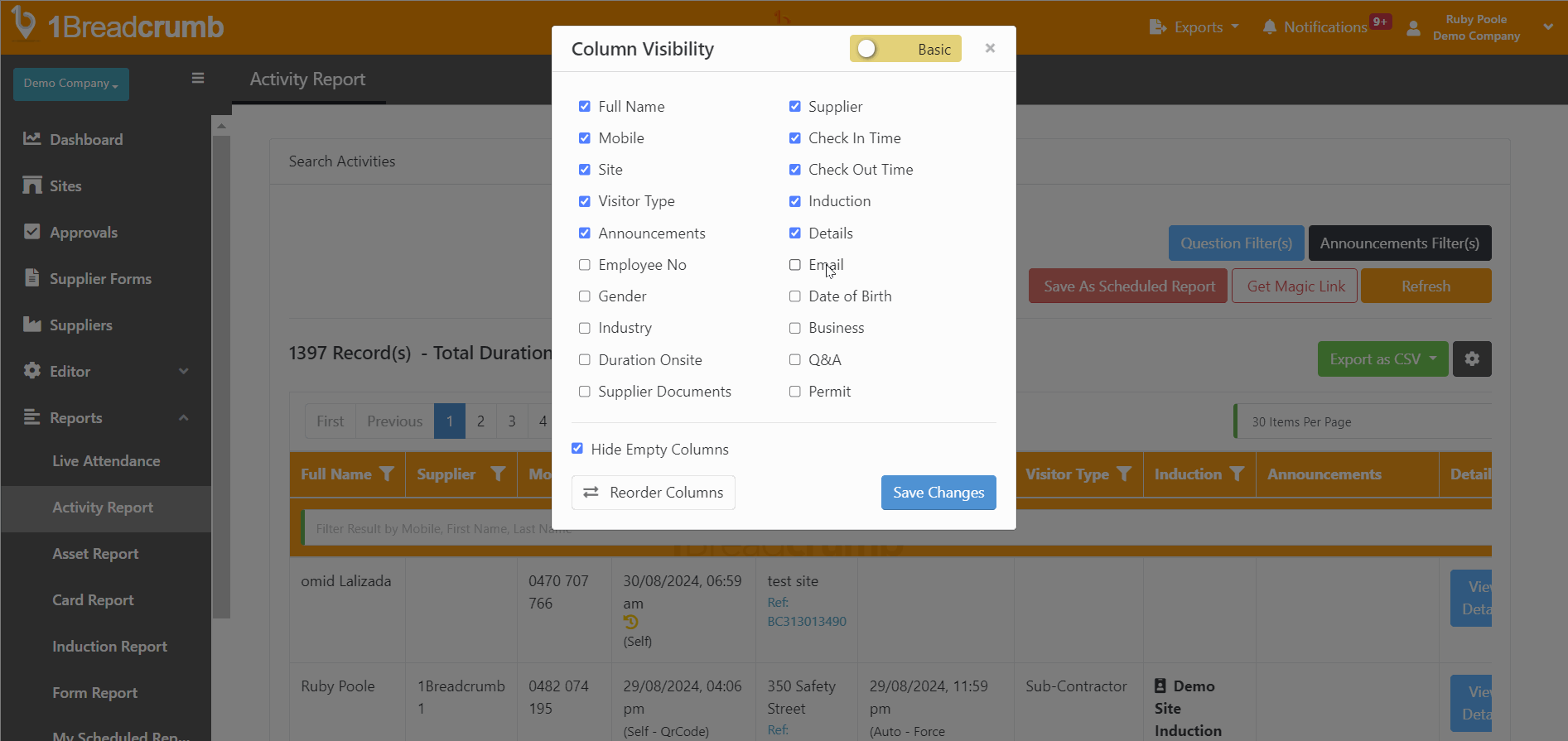 Activity Report: View All Historical Check-Ins
