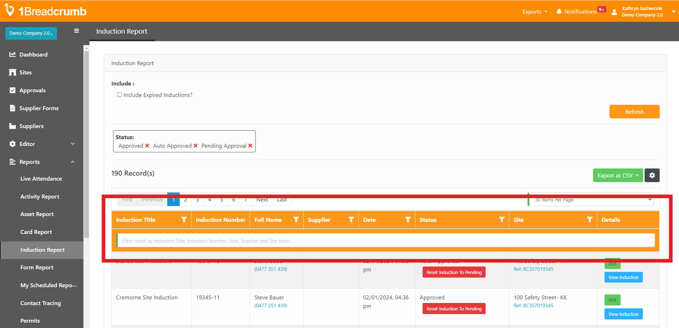 View/Download Completed Inductions & Training Records