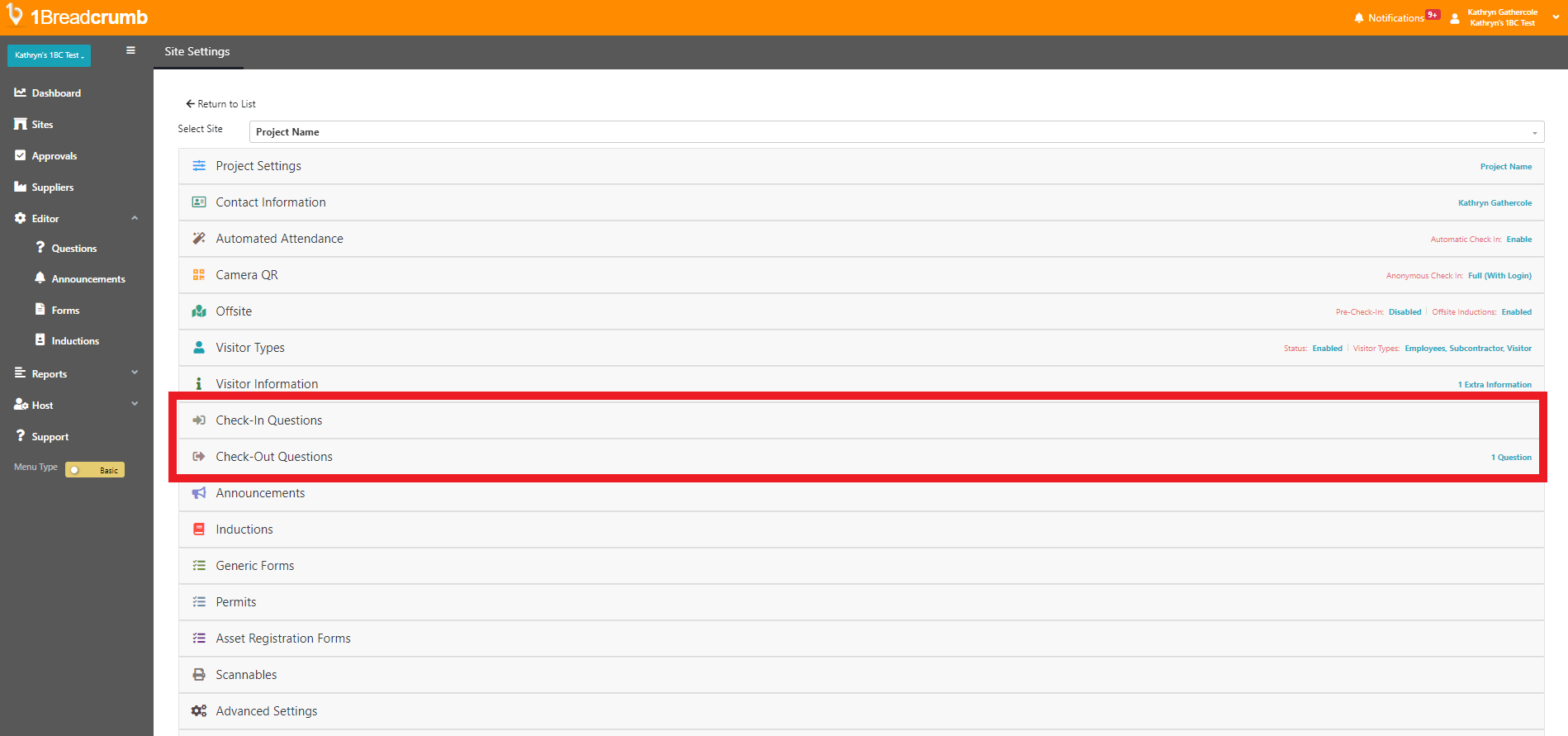 Manage Check-In/Out Questions